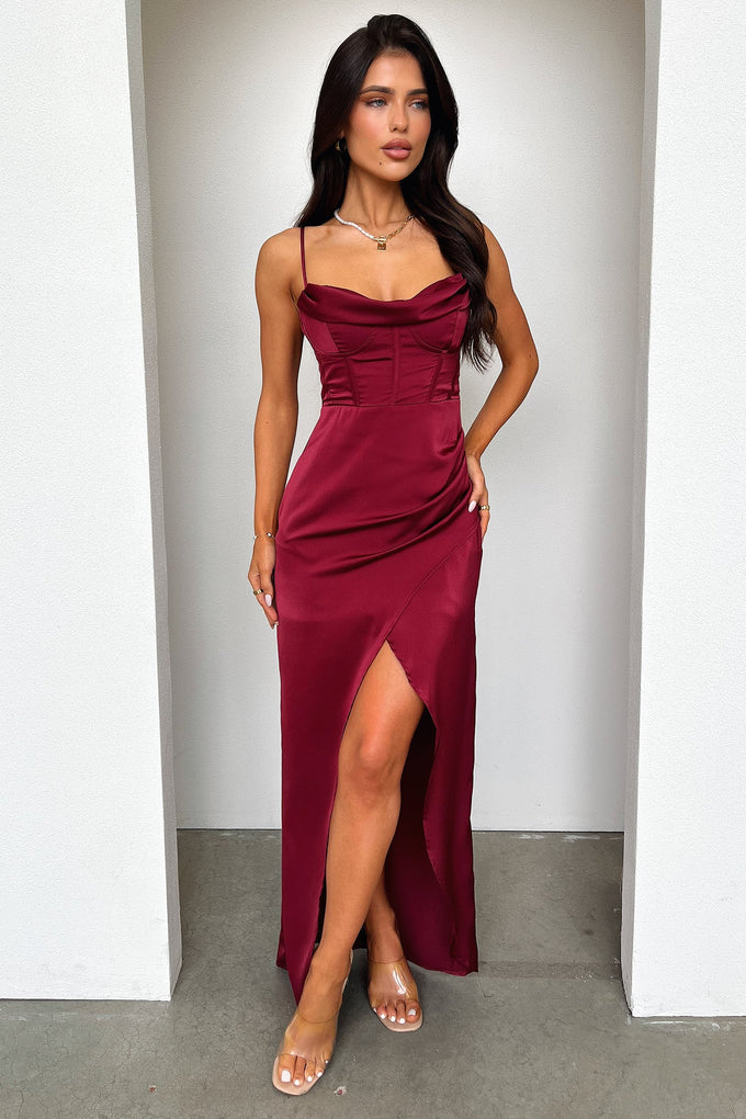 Aiana Satin Maxi Dress - Burgundy – Thats So Fetch NZ