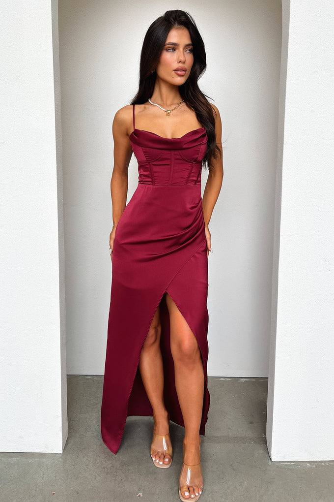 Aiana Satin Maxi Dress - Burgundy – Thats So Fetch NZ