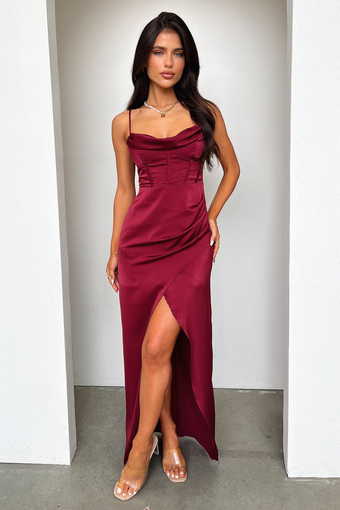 Aiana Satin Maxi Dress - Burgundy – Thats So Fetch NZ